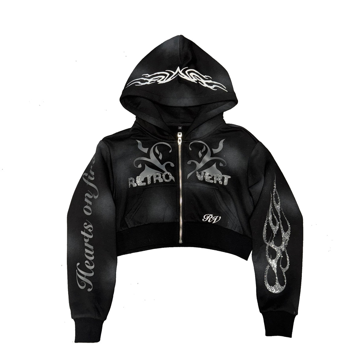 RETRO DISTRESSED CROPPED ZIP HOODIE BLACK - RETROVERT